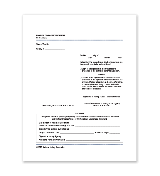 Florida Copy Certification NNA